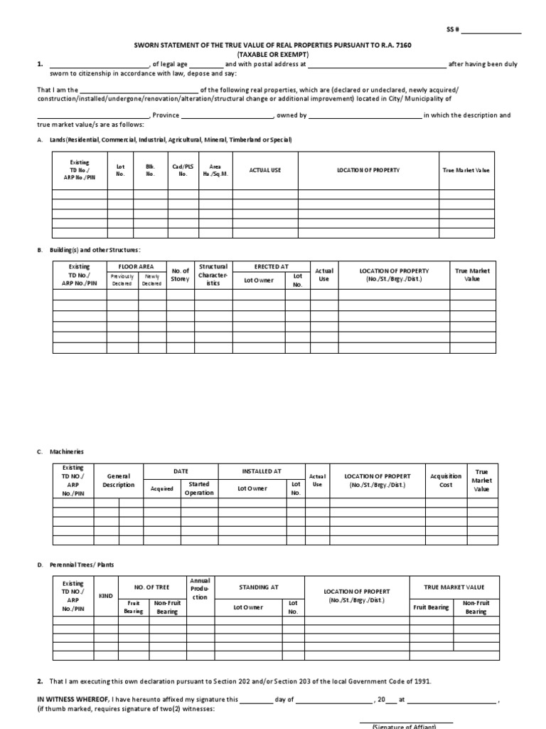 Sworn Statement of the True Value of Real Properties | Taxation ...