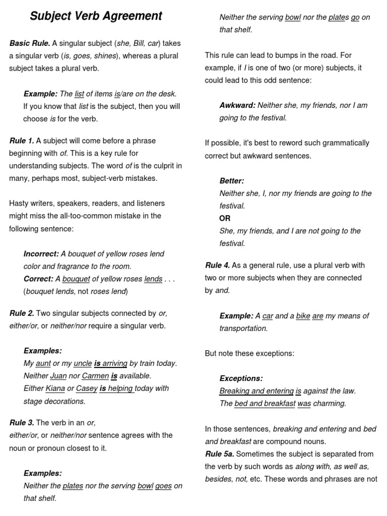 Subject Verb Agreement: Basic Rule | Download Free PDF | Grammatical Number | Verb