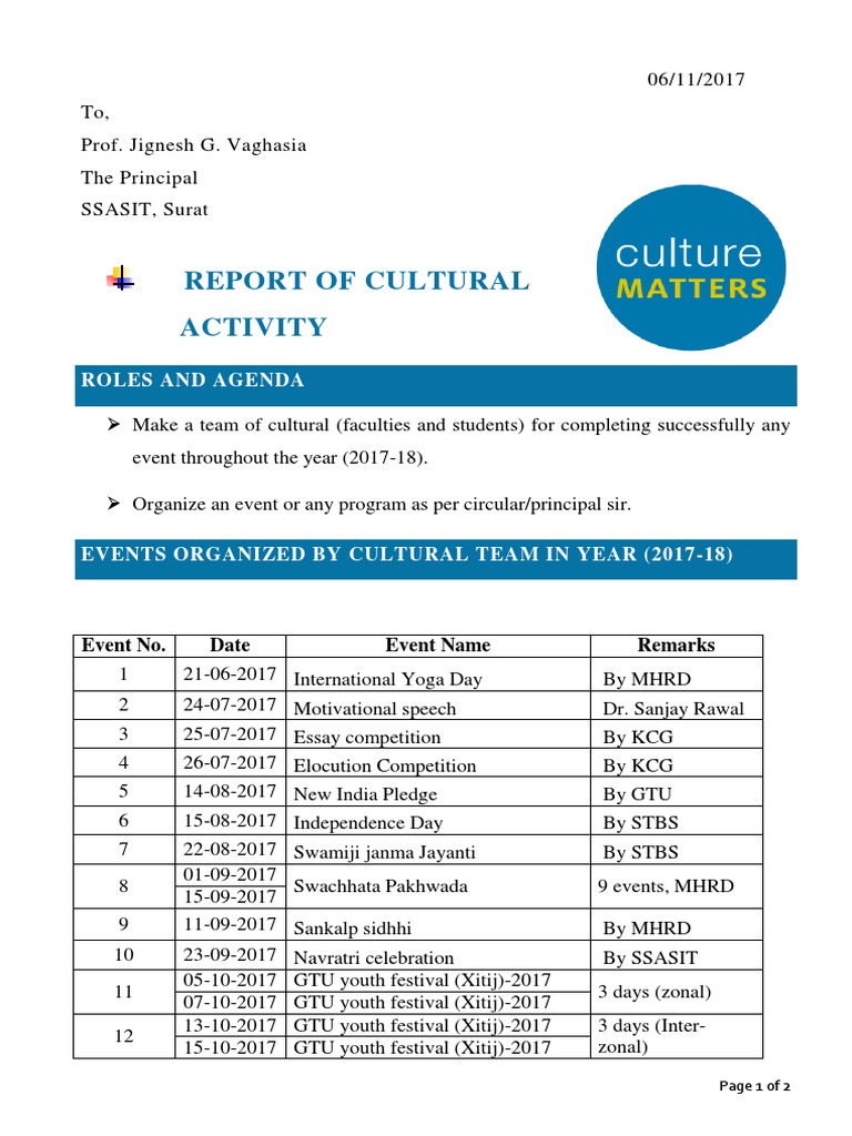 Report of Cultural Activity: Roles and Agenda | PDF
