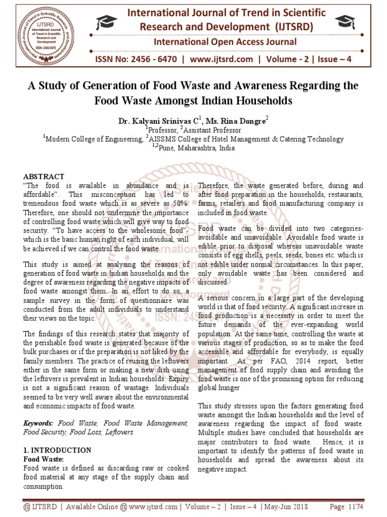 A Study of Generation of Food Waste and Awareness Regarding The Food ...