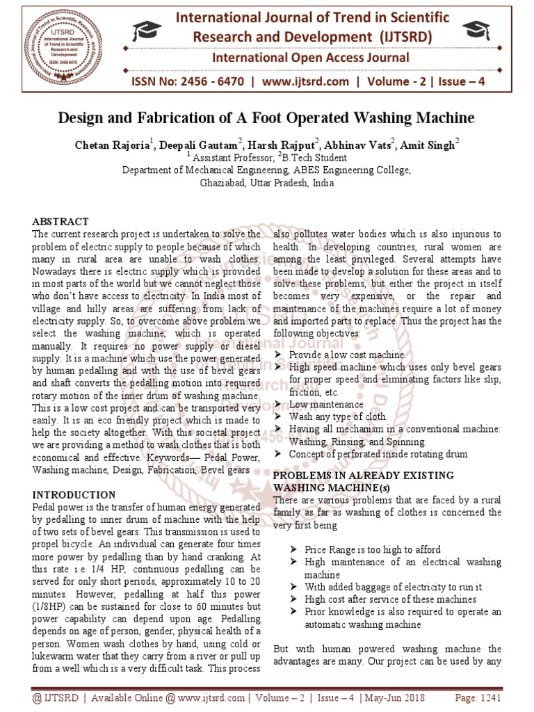 Design and Fabrication of A Foot Operated Washing Machine | PDF ...