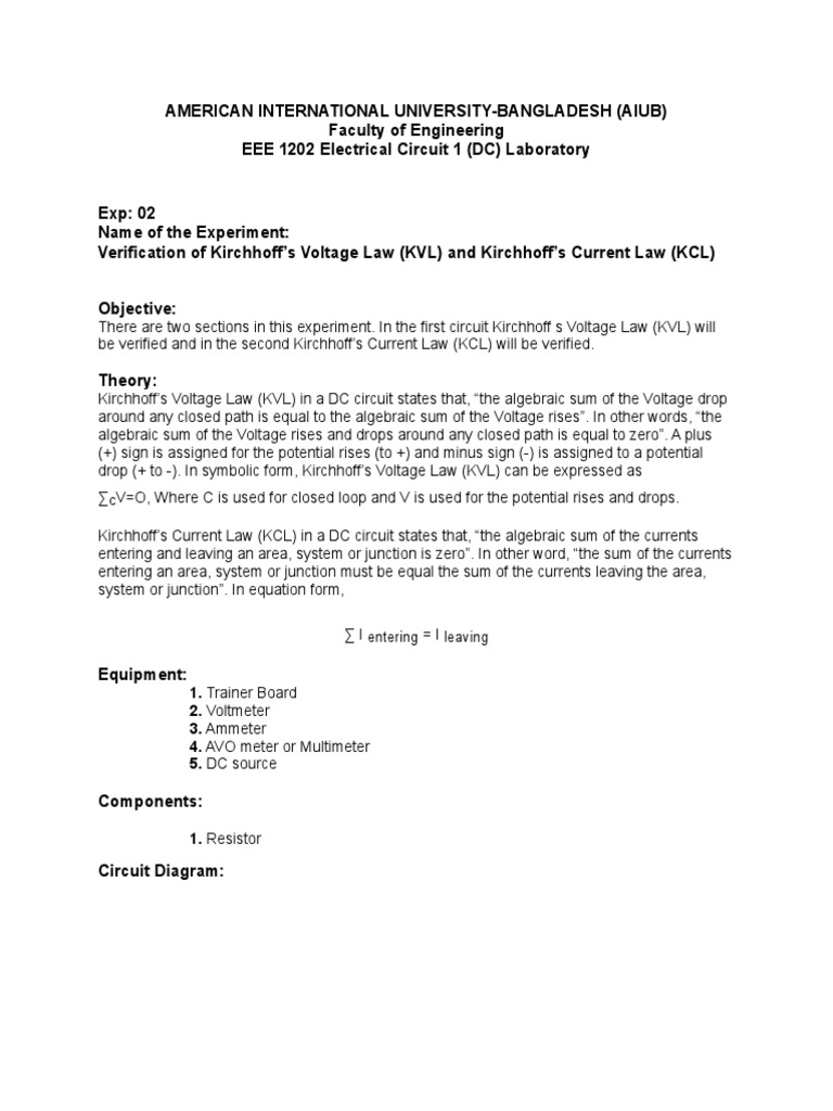 DC Lab 2 - Verification of Kirchhoff's Voltage Law (KVL) and Kirchhoff ...
