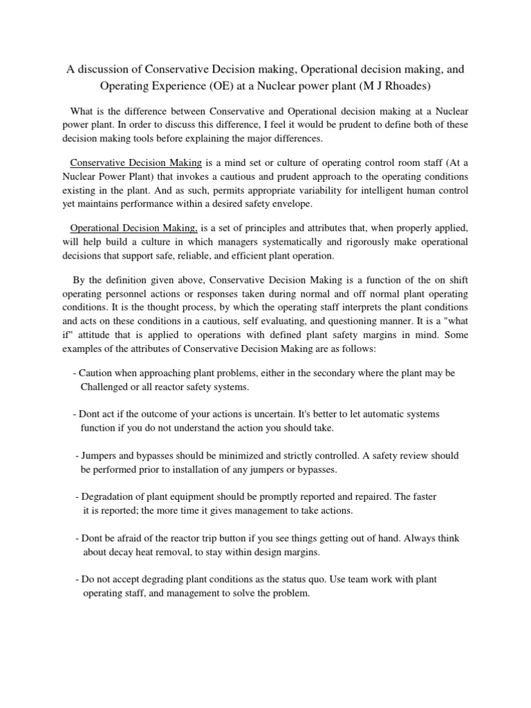 Decision Making and Operational Experience at A Nuclear Power Plant ...