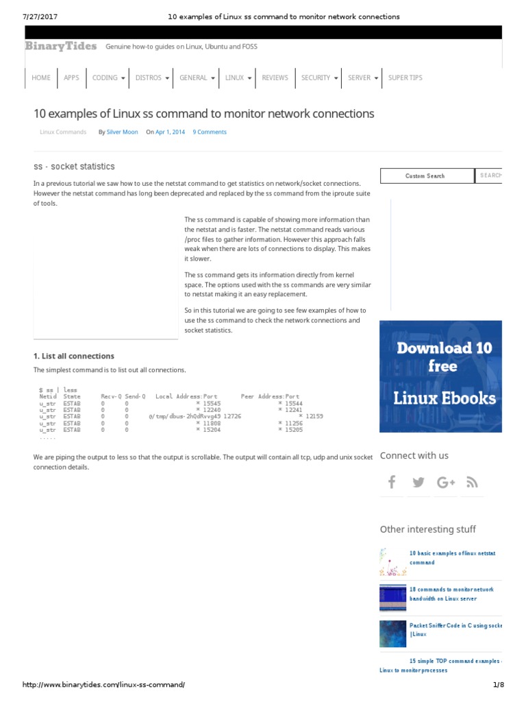 10 Examples Of Linux Ss Command To Monitor Network Connections Pdf Port Computer Networking 