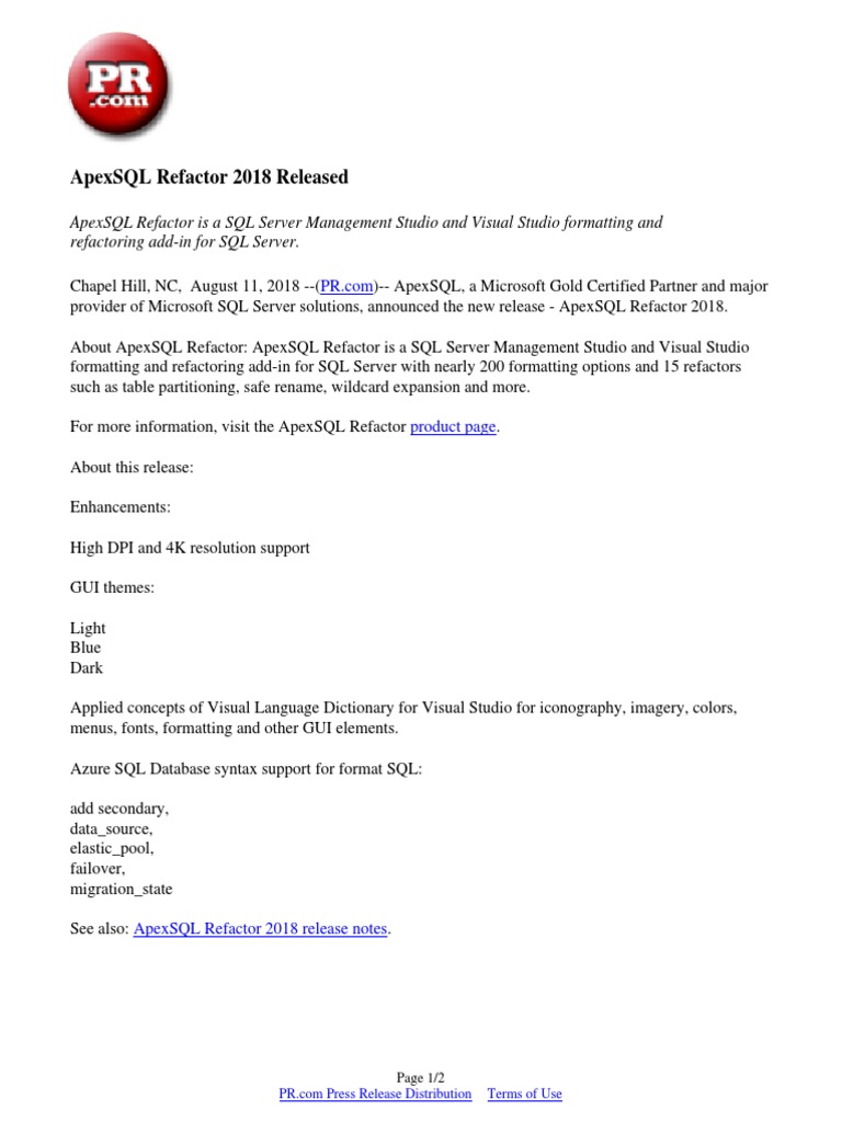ApexSQL Refactor 2018 Released | PDF | Microsoft Visual Studio | Microsoft Sql Server