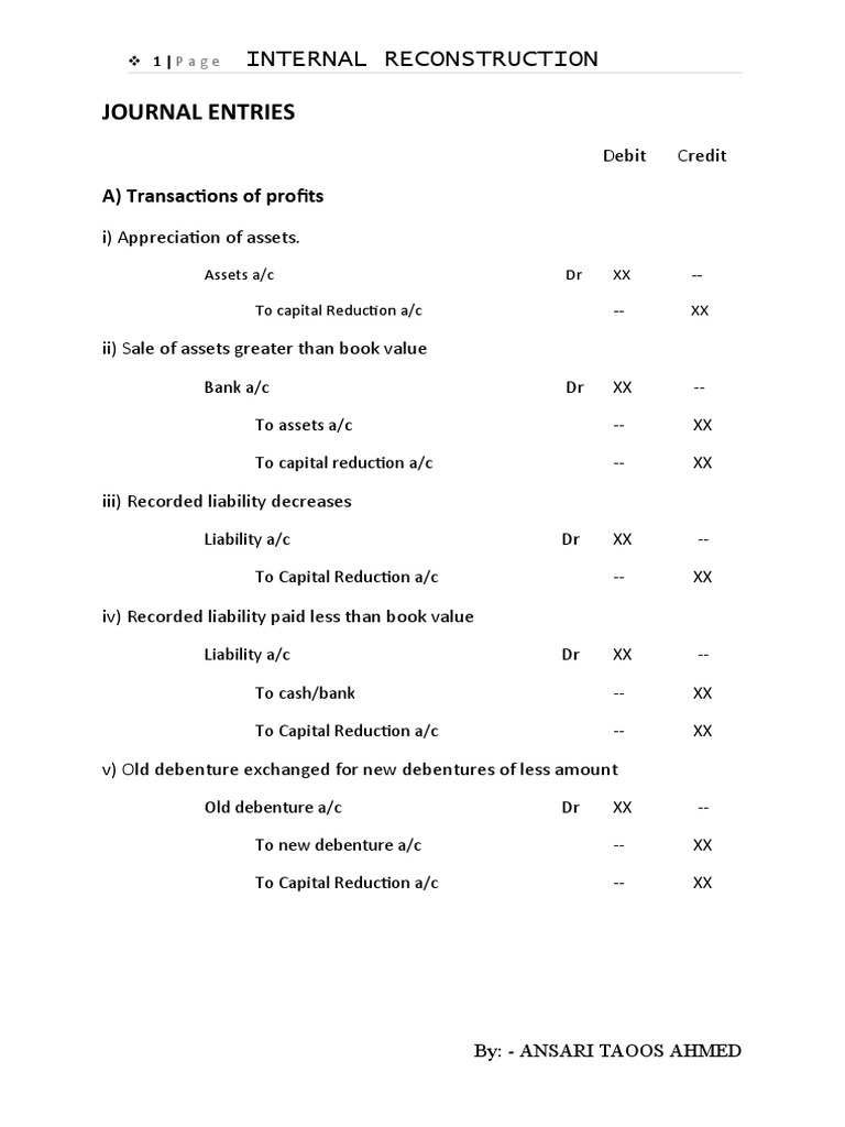 Journal Entries: Internal Reconstruction | PDF | Book Value | Equity (Finance)