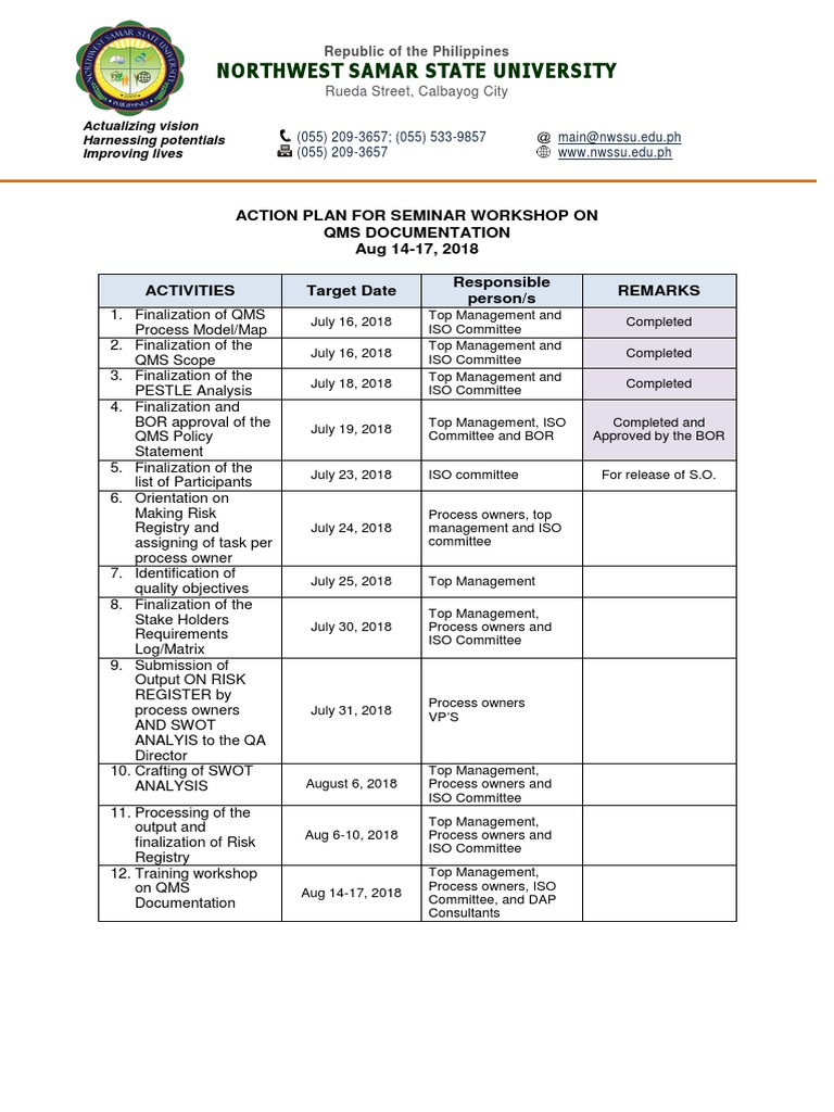 Action Plan for Seminar Workshop on Qms Documentation | International ...