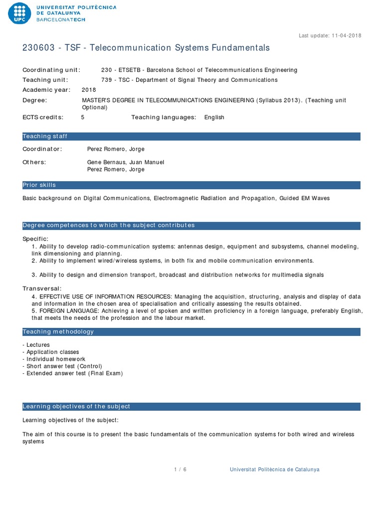 TSF - Telecommunication Systems Fundamentals: Teaching Unit: Academic ...