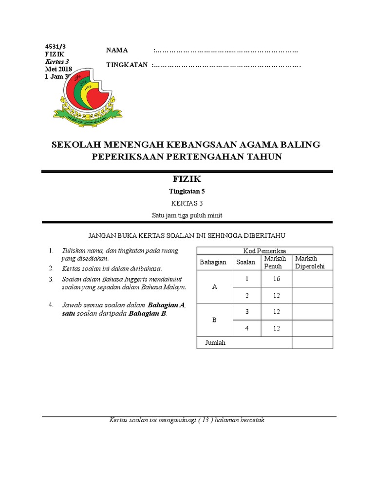 Ujian Fizik Bab 1 Tingkatan 4 Kertas 3 | PDF