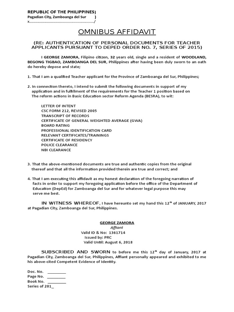 Omnibus Affidavit | PDF | Affidavit | Official Documents