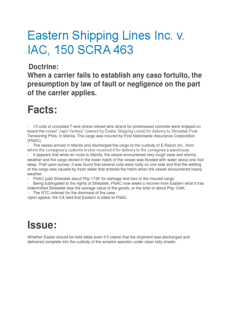 Eastern Shipping Lines Liability Case | PDF | Cargo | Bill Of Lading