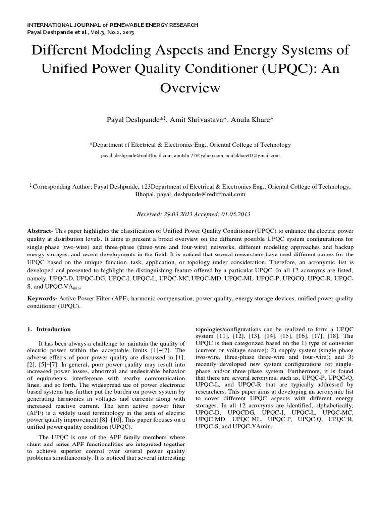 Different Modeling Aspects and Energy Systems of Unified Power Quality ...