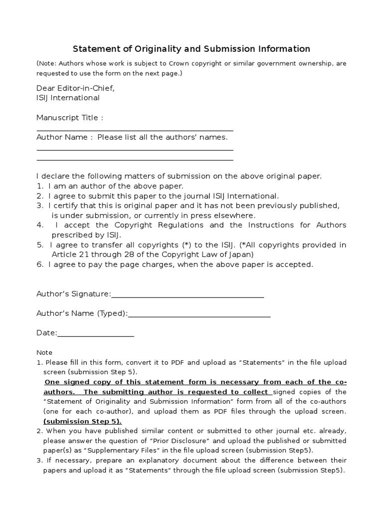 Statement of Originality and Submission Information | PDF | Copyright ...