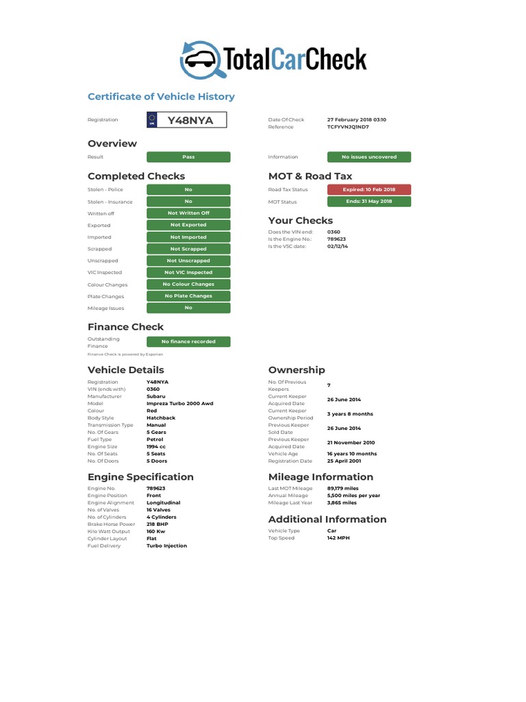 Total Car Check Report For Y48NYA | PDF | Fuel Economy In Automobiles ...