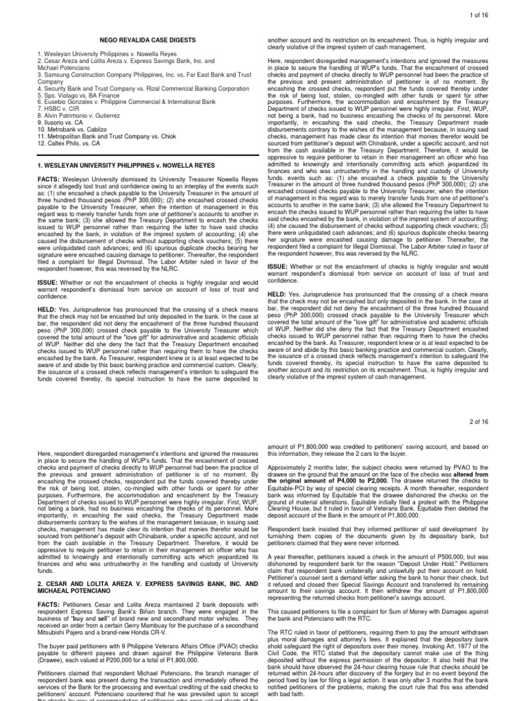 Nego Revalida Case Digest Compilation | PDF | Cheque | Negotiable Instrument