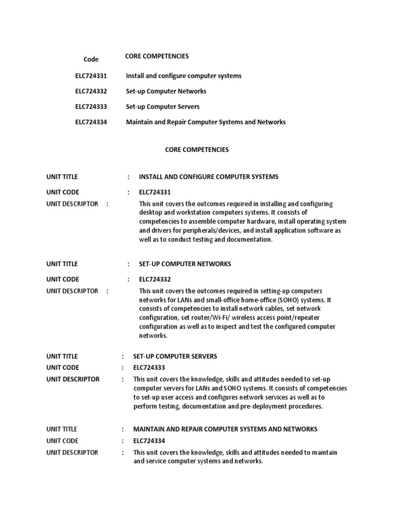 Core Competencies for Computer Systems Installation, Network Setup ...