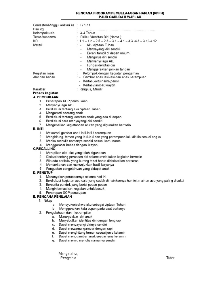 RPPH Paud Kurikulum 2013 3 - 4 THN Semester 1 | PDF | Karier ...