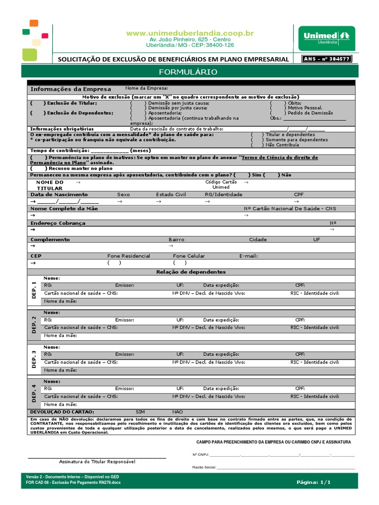 Unimed Uberlândia Formulário de Exclusão | PDF | Business | Bem-estar