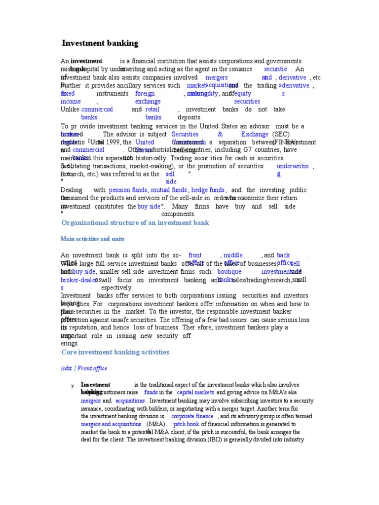 Investment Banking: Organizational Structure of An Investment Bank ...