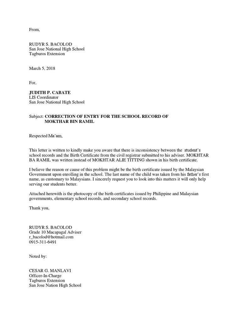 Letter For Correction of Entry | PDF