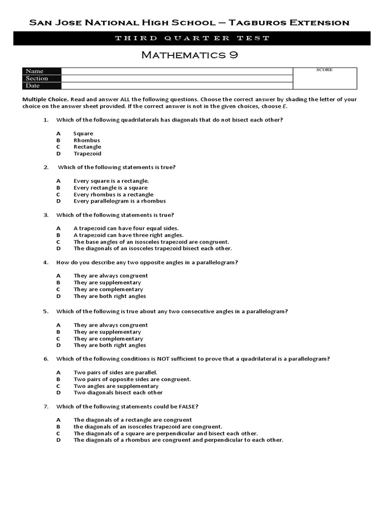 Grade 9 Math Third Quarter Examination Rectangle Elementary Geometry