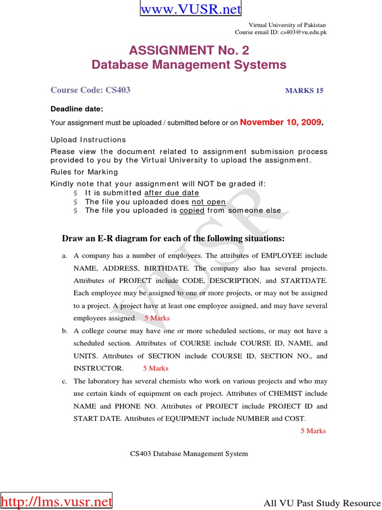 Database Management Systems Cs403 Fall 2009 Assignment 02 Pdf Databases Data