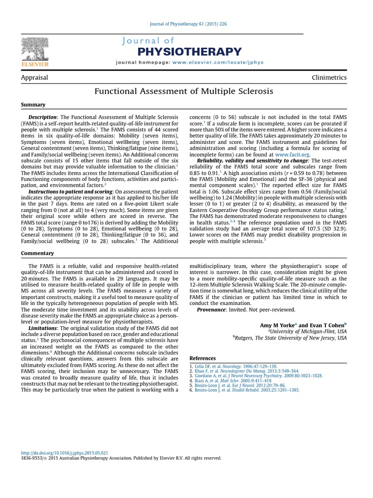 Functional Assessment of Multiple Sclerosis | PDF | Multiple Sclerosis ...