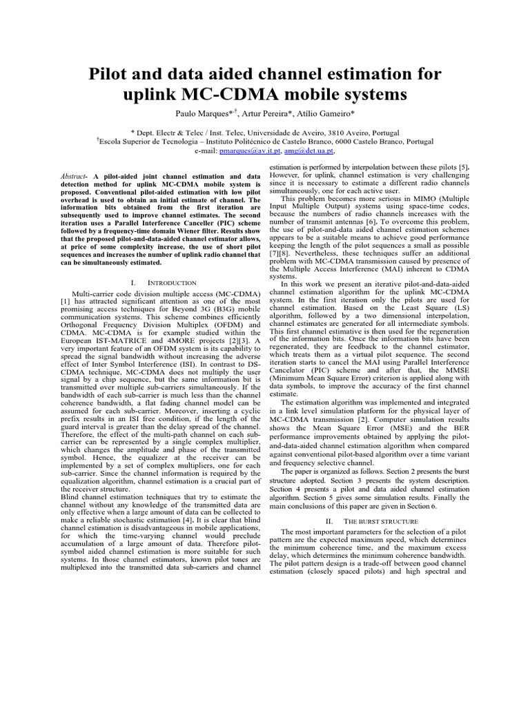 Pilot and Data Aided Channel Estimation For Uplink MC-CDMA Mobile Systems | PDF | Orthogonal ...