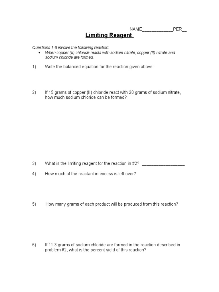 Limiting Reagent Notes Worksheet | PDF