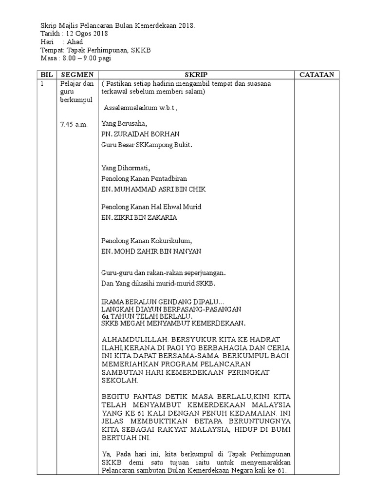 Skrip Majlis Pelancaran Bulan Kemerdekaan 2018 | PDF