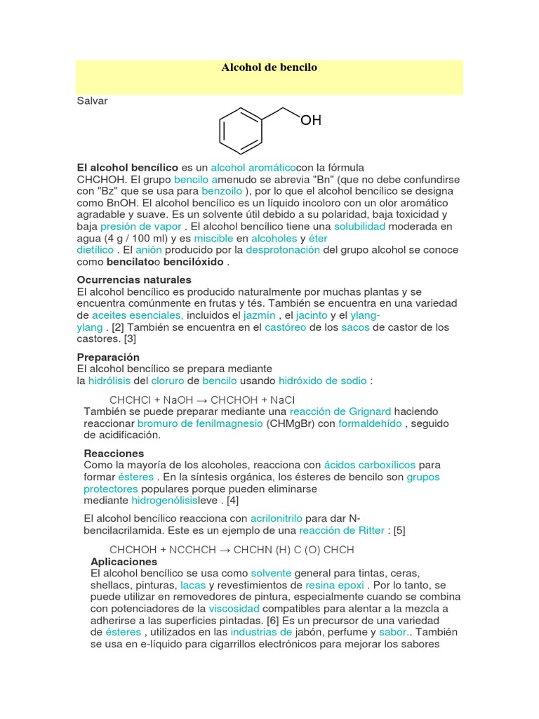 Alcohol de Bencilo | Descargar gratis PDF | Alcohol | Sustancias químicas