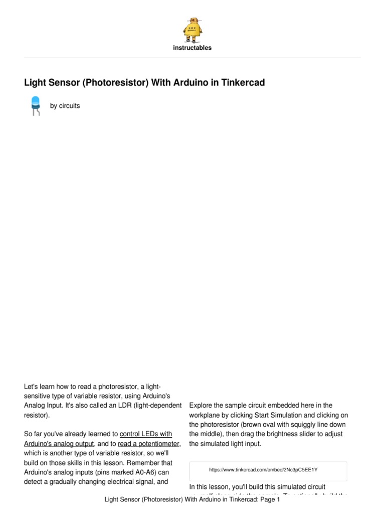 Light Sensor Photoresistor Arduino Tinkercad | PDF | Arduino | Resistor