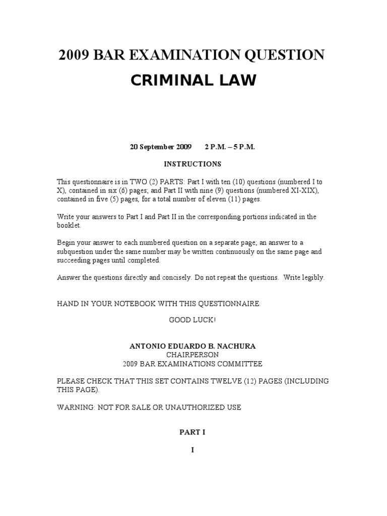 2009 Criminal Law Bar Exam Questions | PDF | Labour Law | Trade Union
