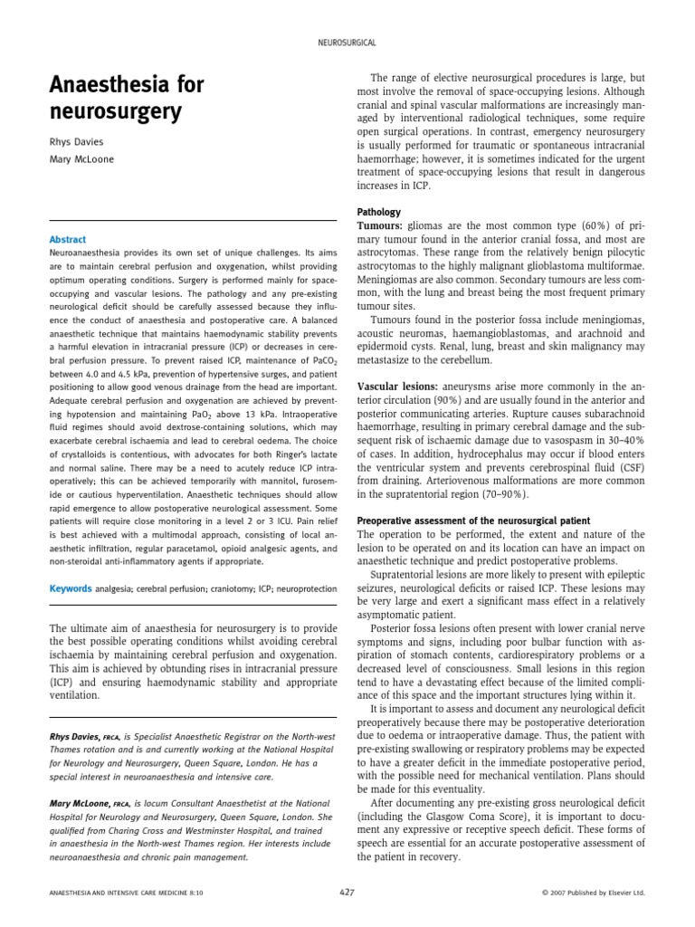 Anaesthesia For Neurosurgery | PDF | Anesthesia | Analgesic