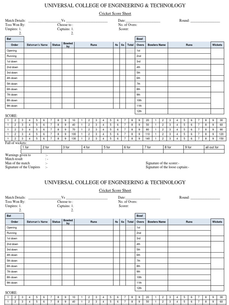 Cricket Score Sheet PDF | PDF | Cricket | Bowling (Cricket)
