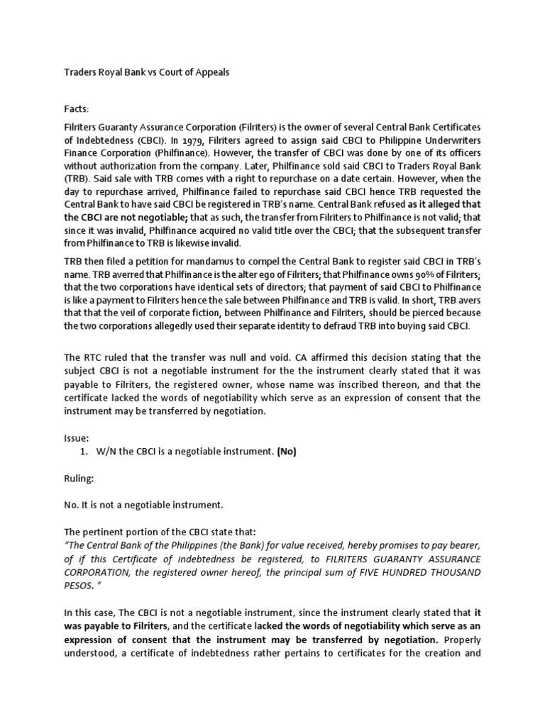 Traders Royal Bank Vs Court of Appeals | PDF | Negotiable Instrument ...