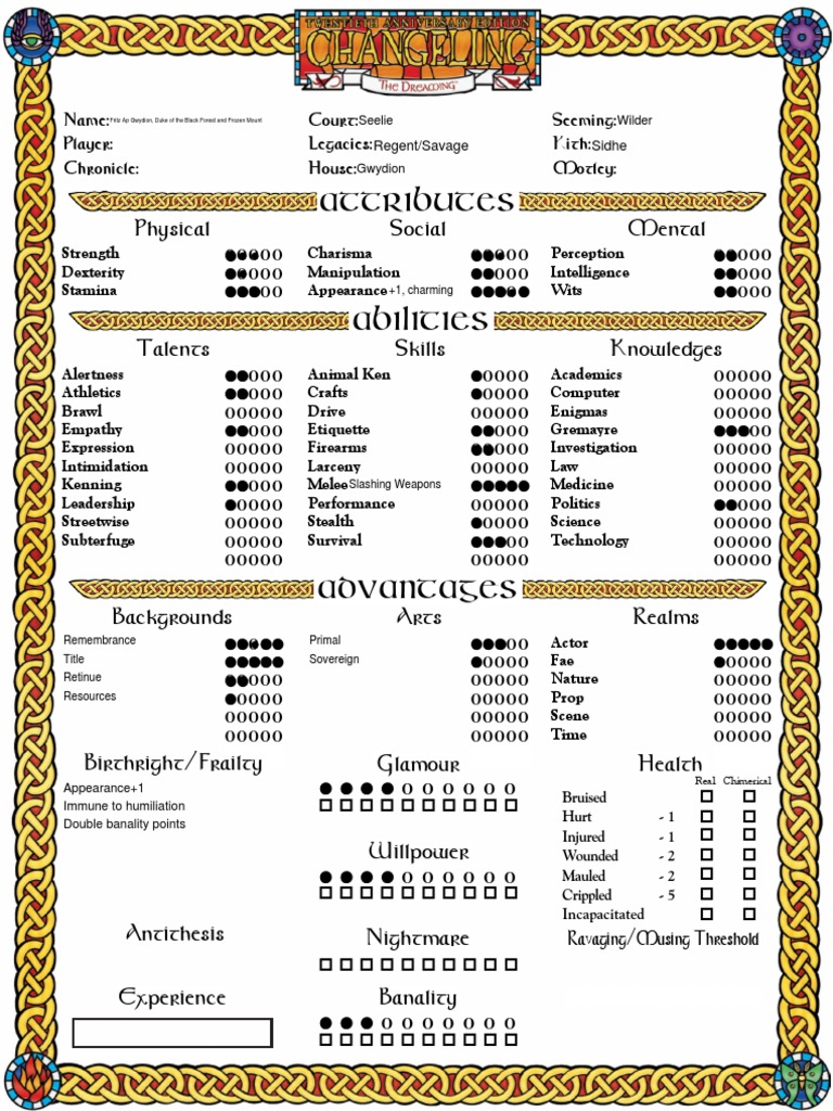 Changeling 20th Edition 4 Page Character Sheet | PDF | Leisure