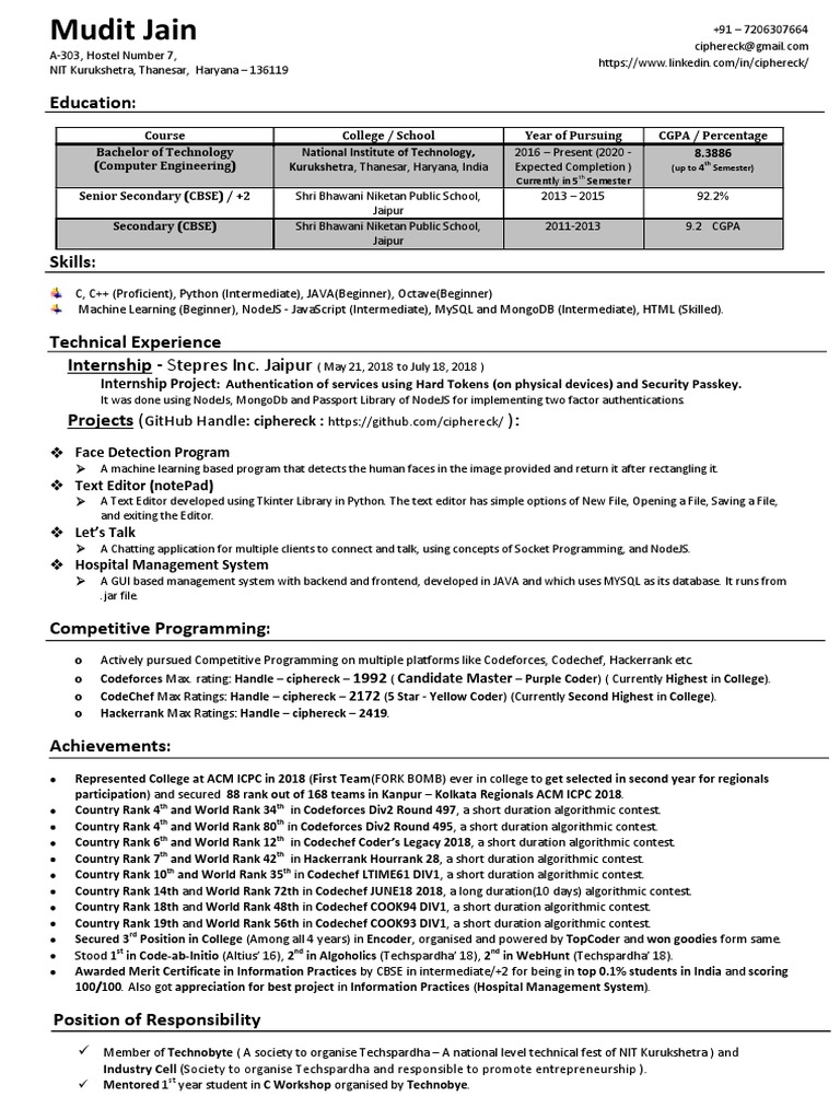 Mudit Jain Resume For Intern Position | PDF | Computer Programming | Information Technology ...