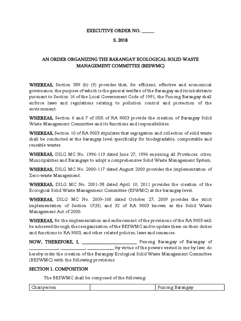 EXECUTIVE ORDER Barangay BESWMC | PDF | Waste Management | Municipal ...