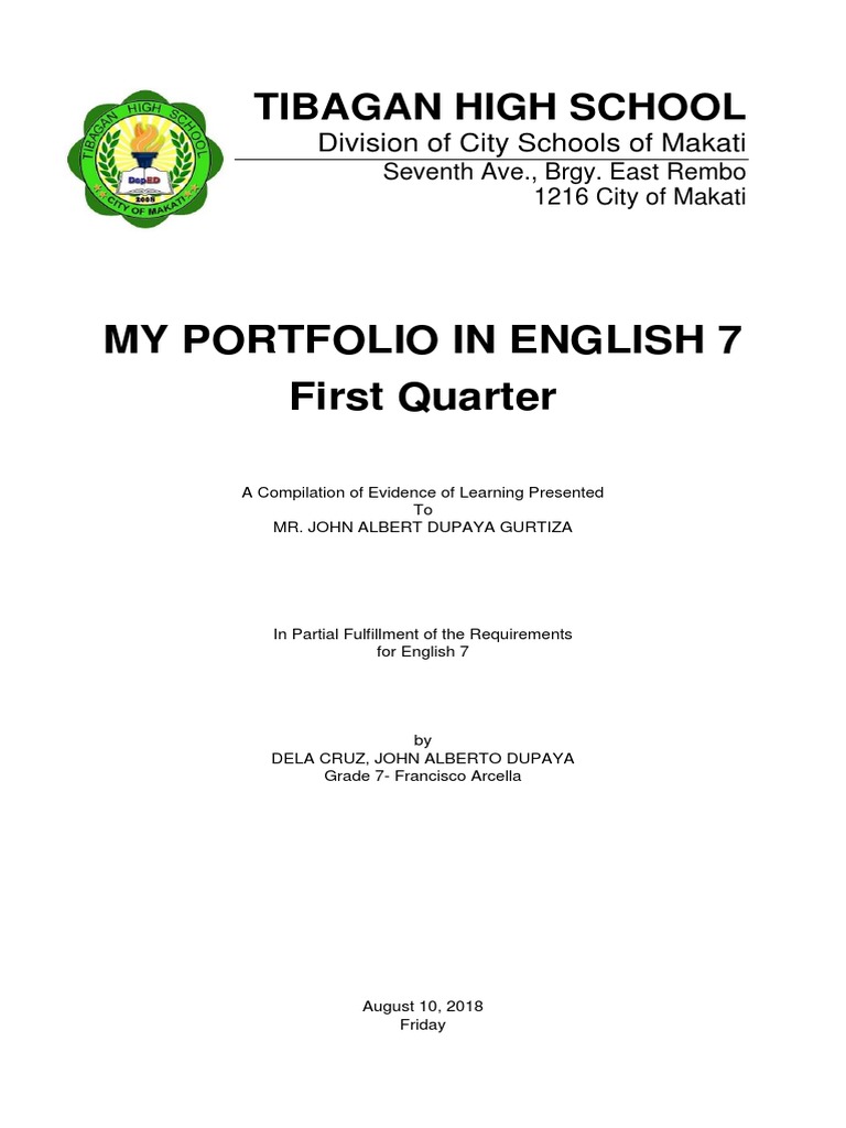 My Portfolio in English 7 First Quarter: Tibagan High School | PDF