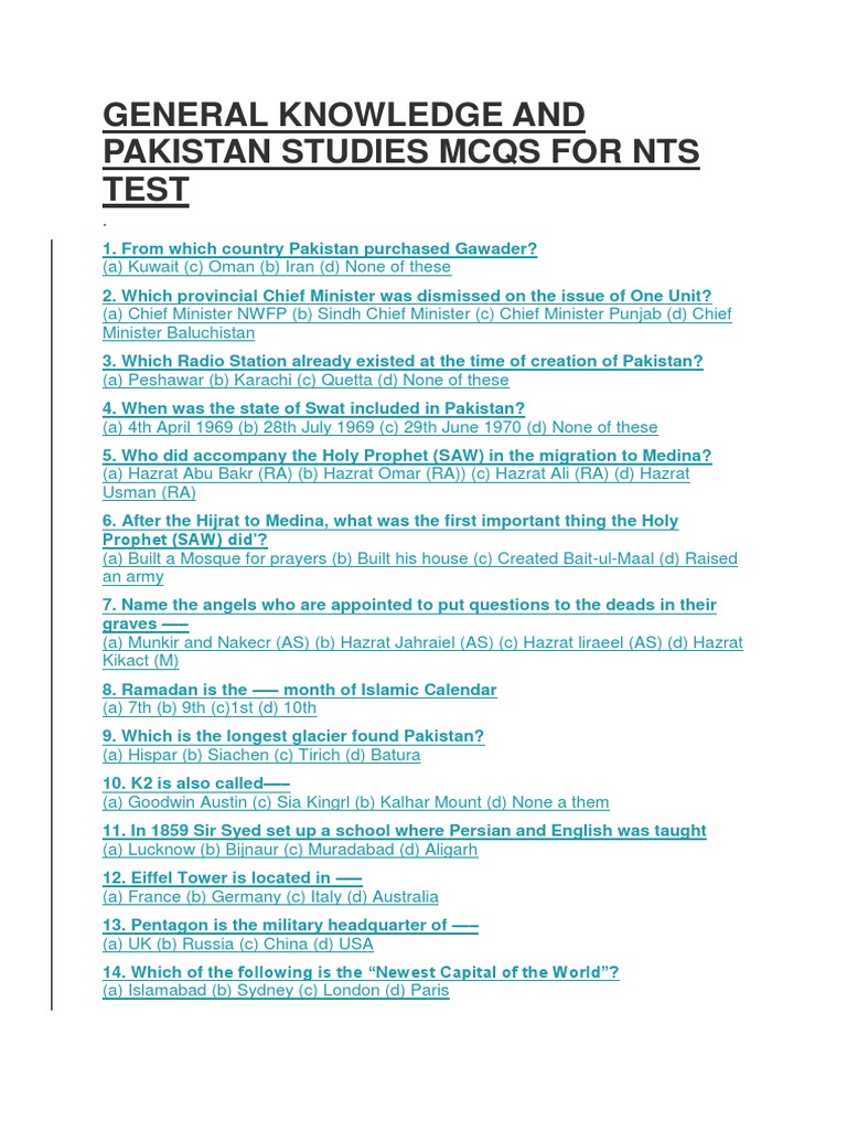 Pakistan Studies & General Knowledge MCQs | PDF | Pakistan | Carbon