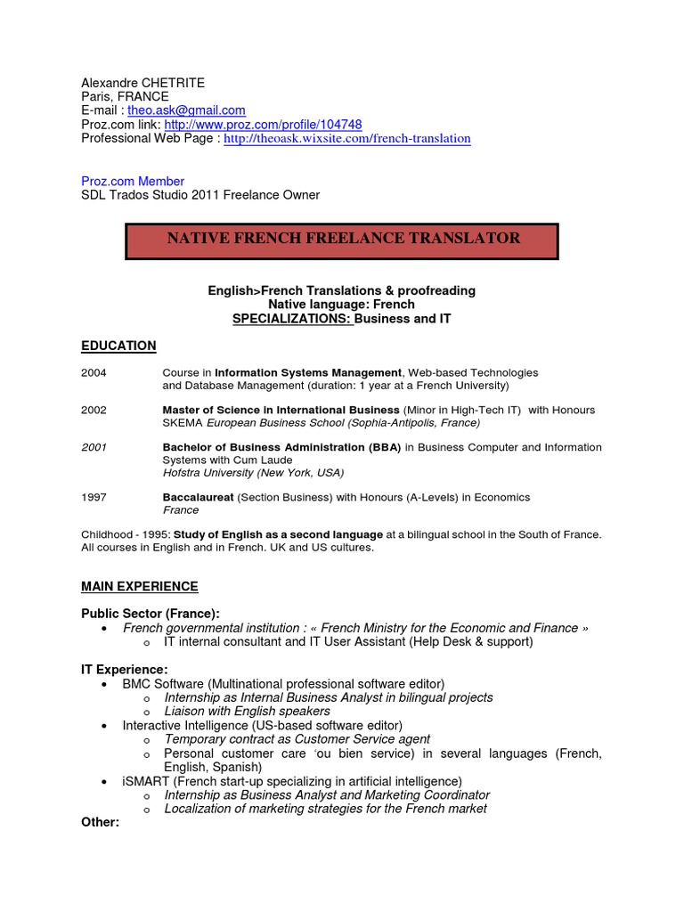 CV Alexandre CHETRITE Freelance Translator ENG FR | PDF | Multilingualism | France