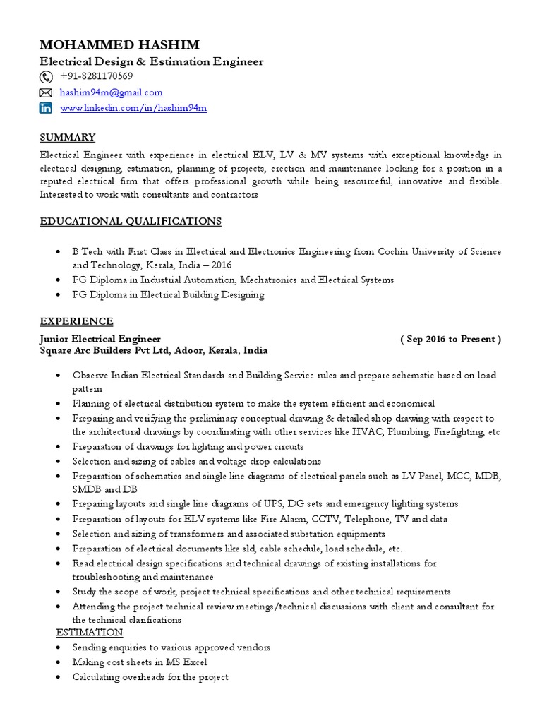 Mohammed Hashim: Electrical Design & Estimation Engineer | PDF ...
