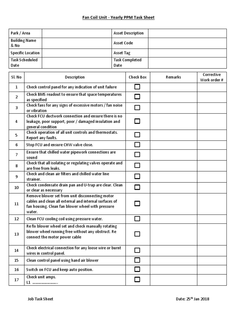 Fan Coil Unit Yearly Maintenance Checklist | PDF | Valve | Temperature