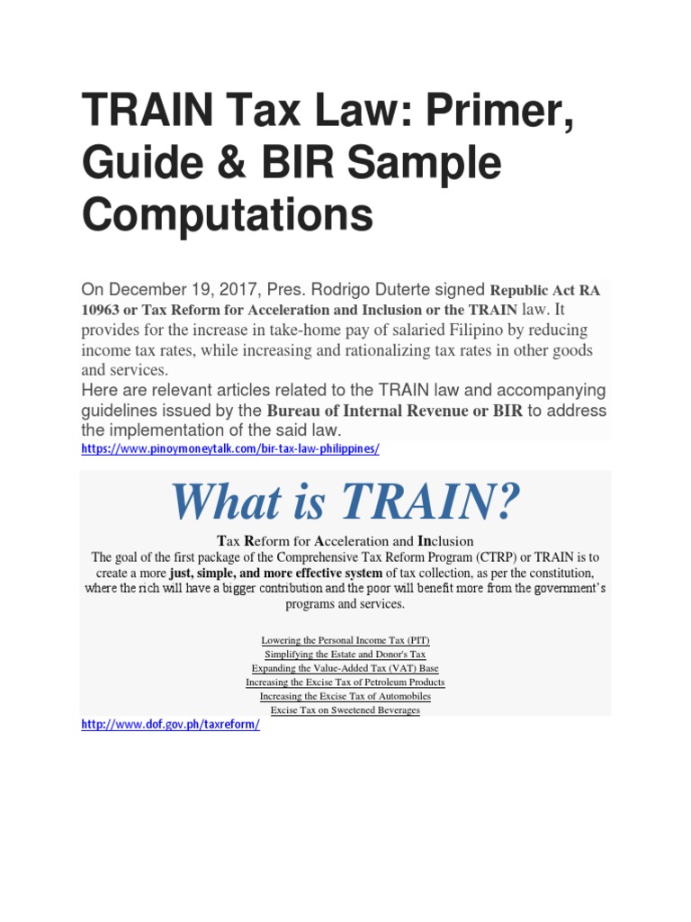 TRAIN Tax Law: Primer, Guide & BIR Sample Computations | PDF | Taxes ...