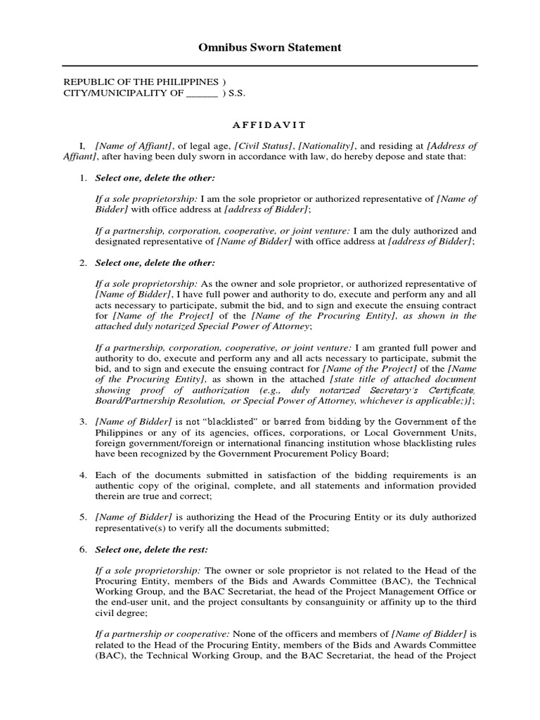 Omnibus Sworn Statement Form 2017 | PDF | Affidavit | Sole Proprietorship
