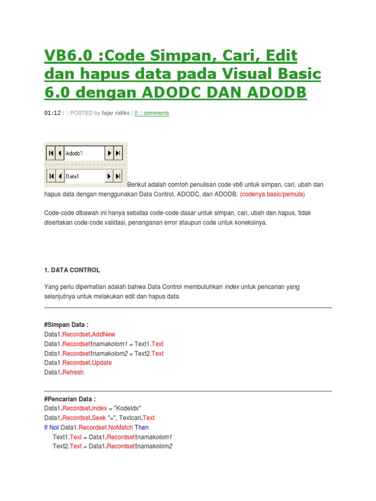 Code Simpan, Cari, Edit Dan Hapus Data Pada Visual Basic 6.0 Dengan ADODC DAN ADODB | PDF