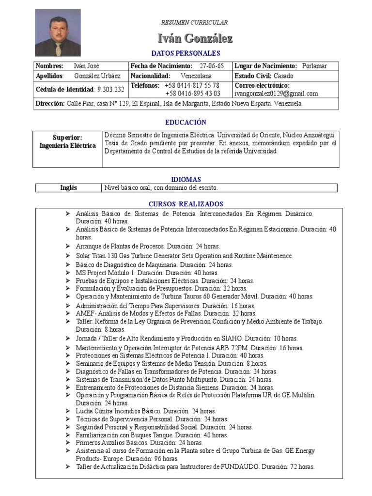 Curriculum Ivan Gonzalez | PDF | Electricidad | Ingenieria Eléctrica