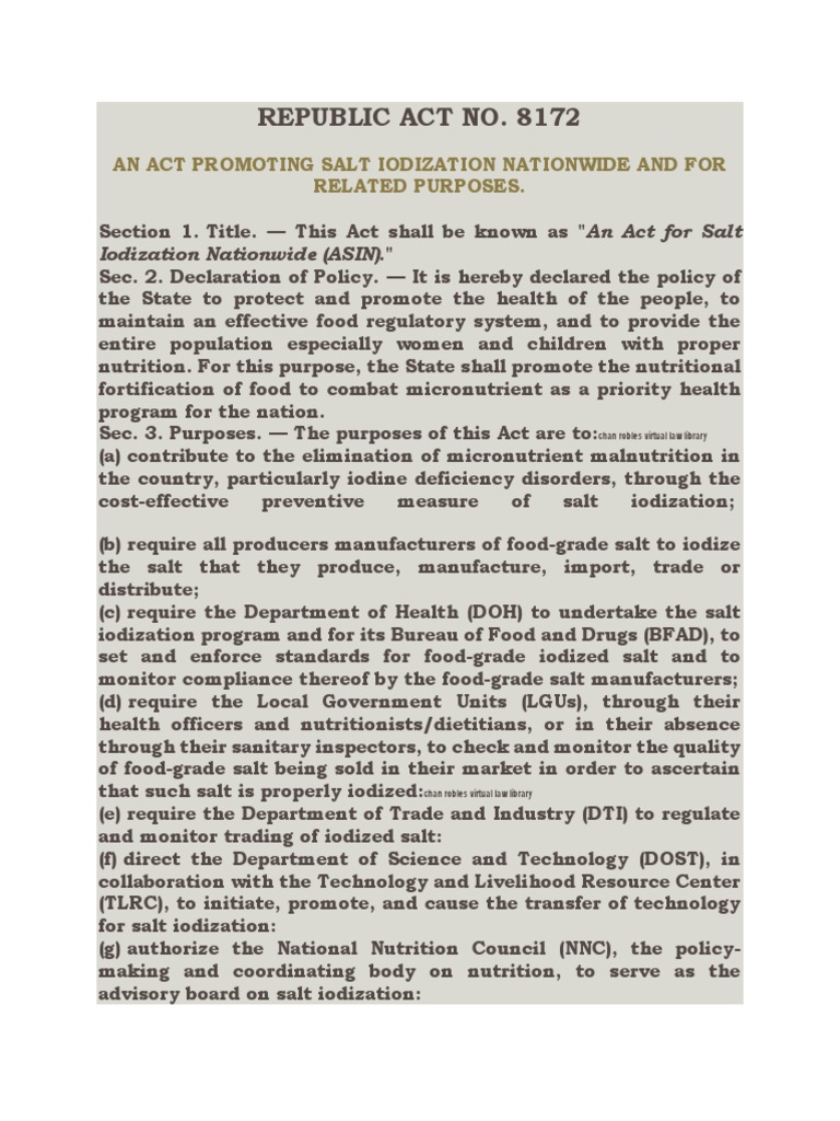 Republic Act No. 8172: An Act Promoting Salt Iodization Nationwide and ...