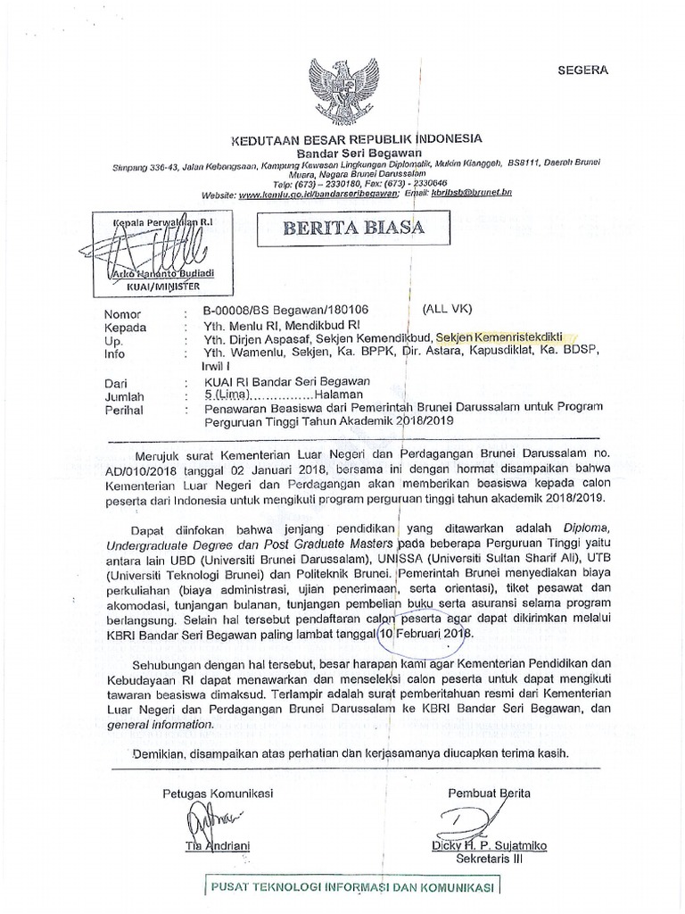 Surat Penawaran Beasiswa Brunei Darussalam PDF | PDF